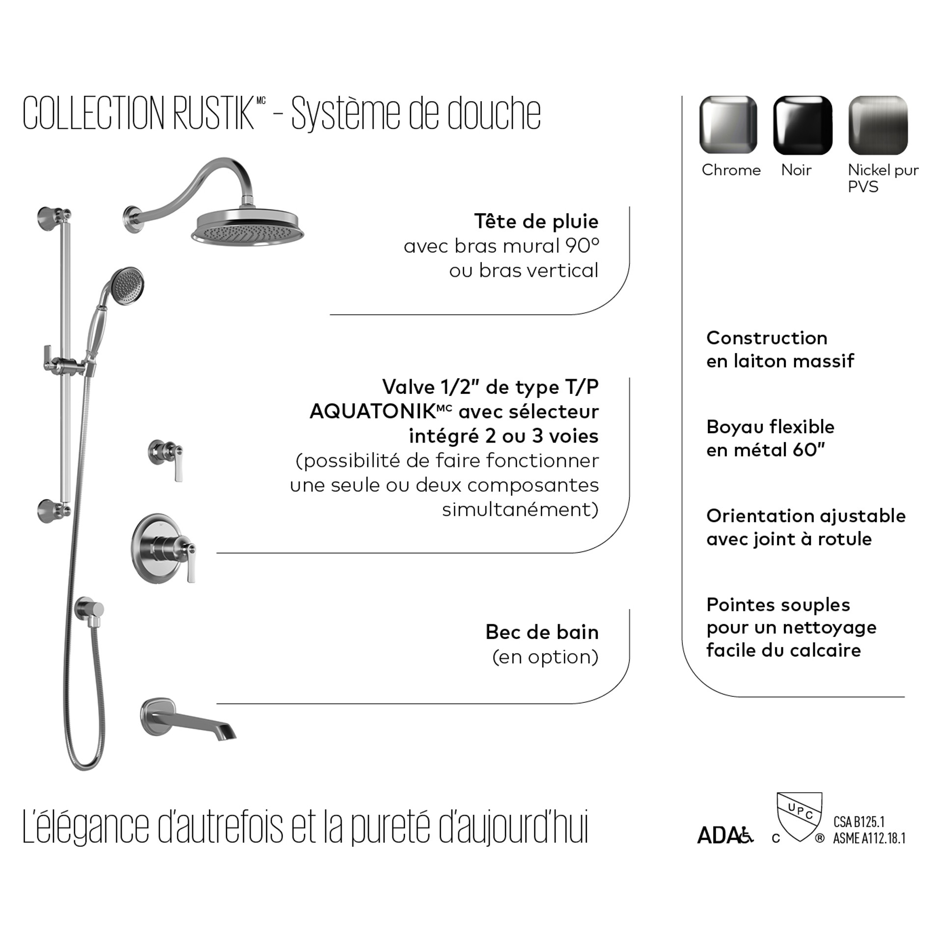 Système de douche Rustik T/P Aquatonik avec sélecteur 3 voies et bras ...