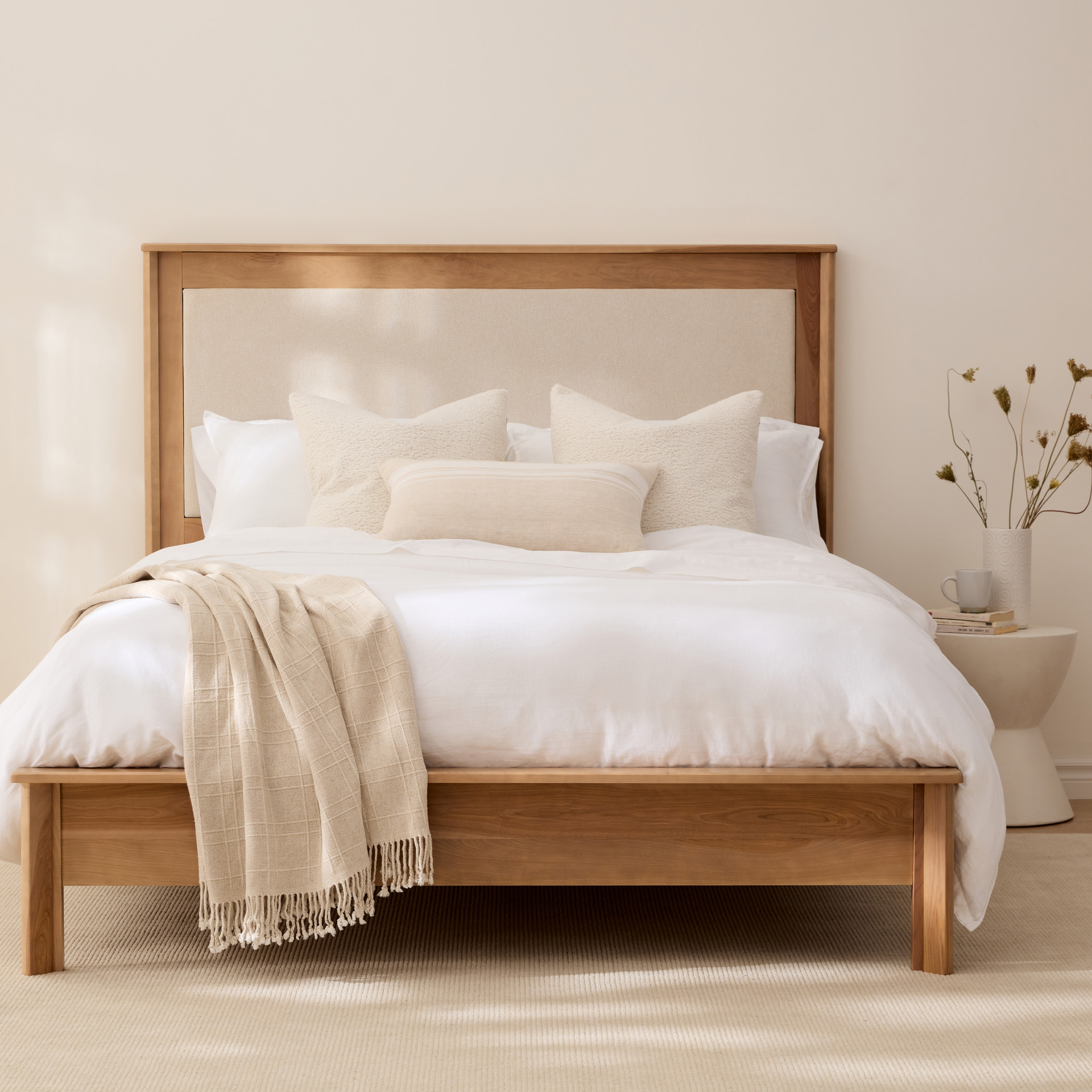 Wood and upholstered headboard queen store