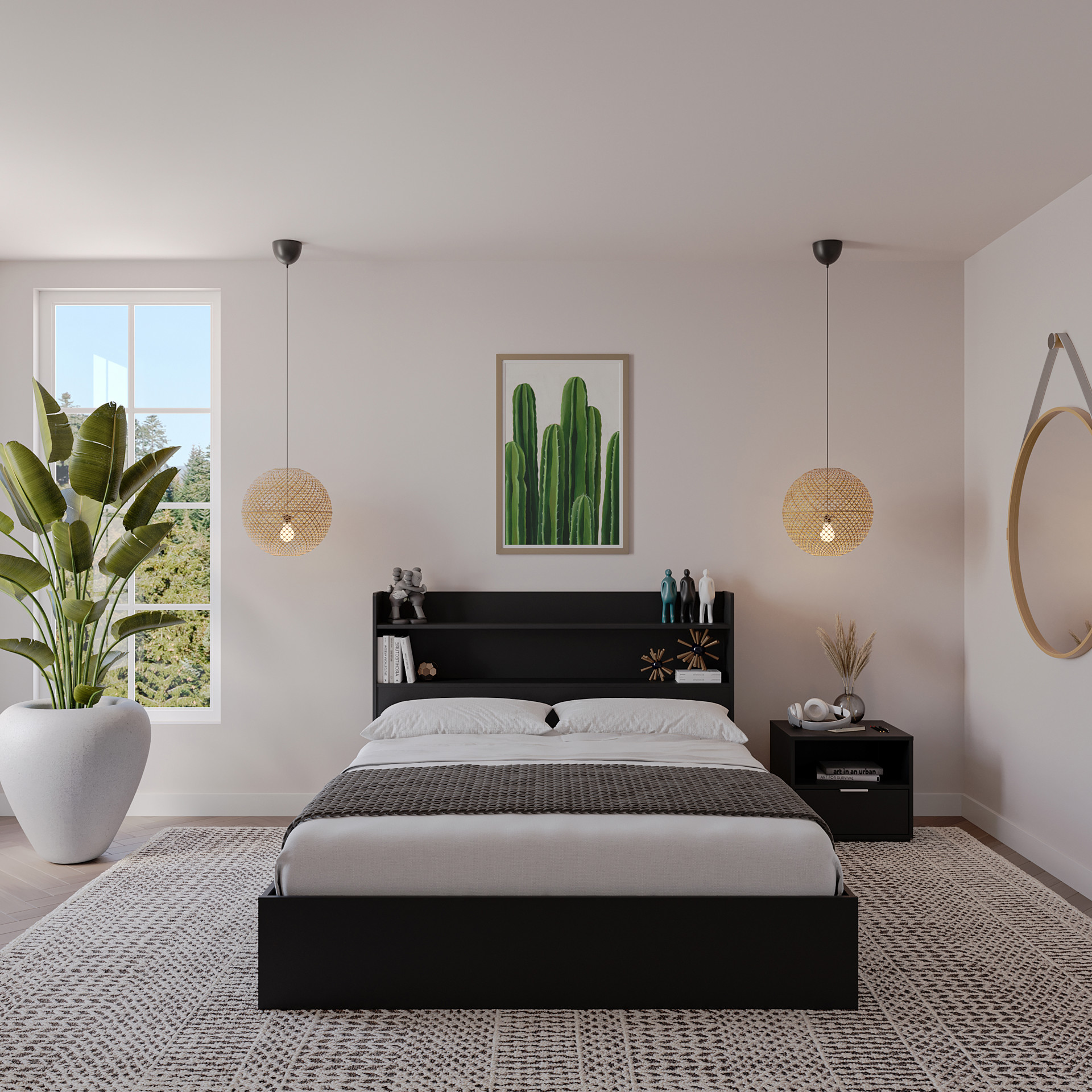 Hunter Platform Storage Bed with Bookcase Headboard and 1 Nightstand ...