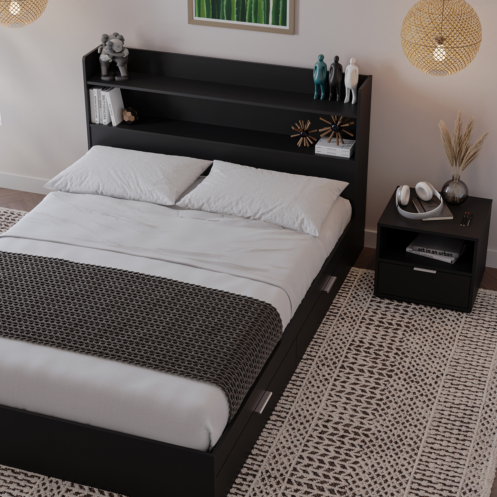 Hunter Platform Storage Bed with Bookcase Headboard and 1 Nightstand ...