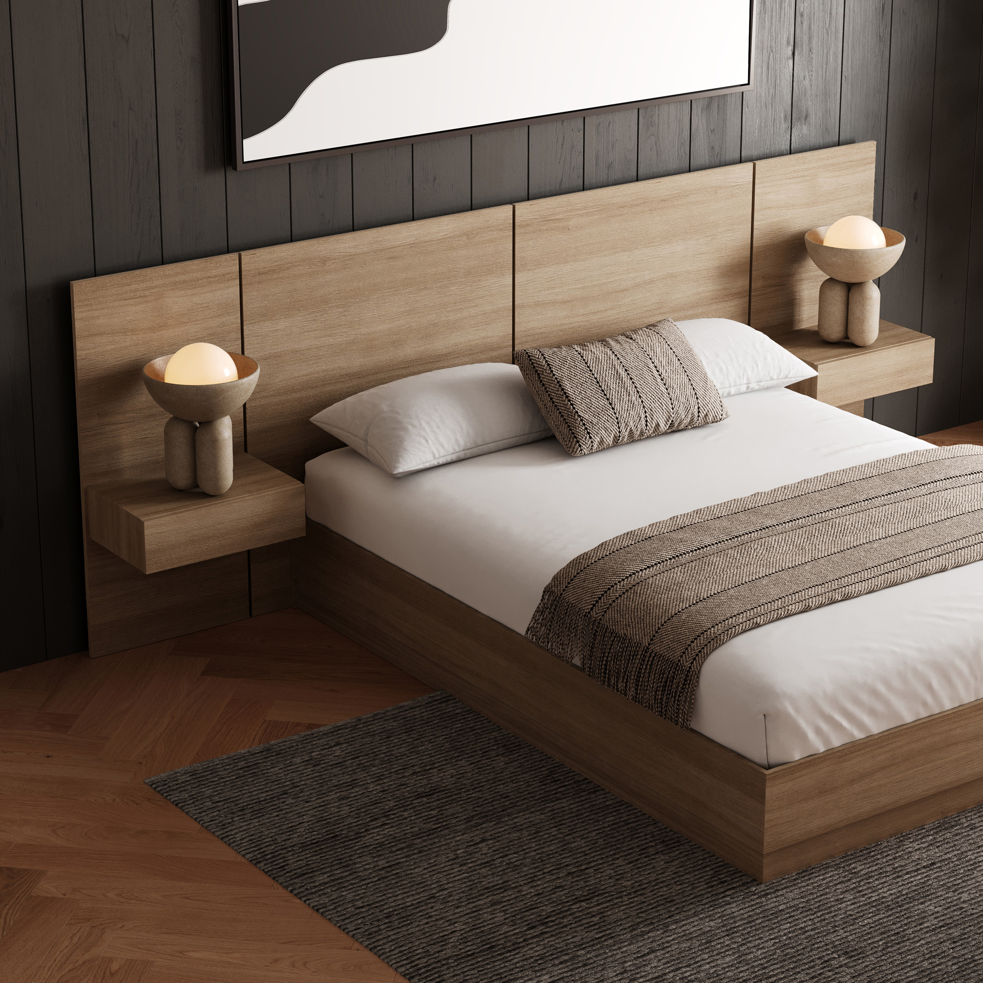 Base de lit Milano avec grande tête et tables de chevet intégrées ...